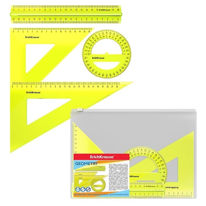 Набор геометрический Erich Krause большой, Neon, линейка с держателем 20 см, угольники 16см и 22см