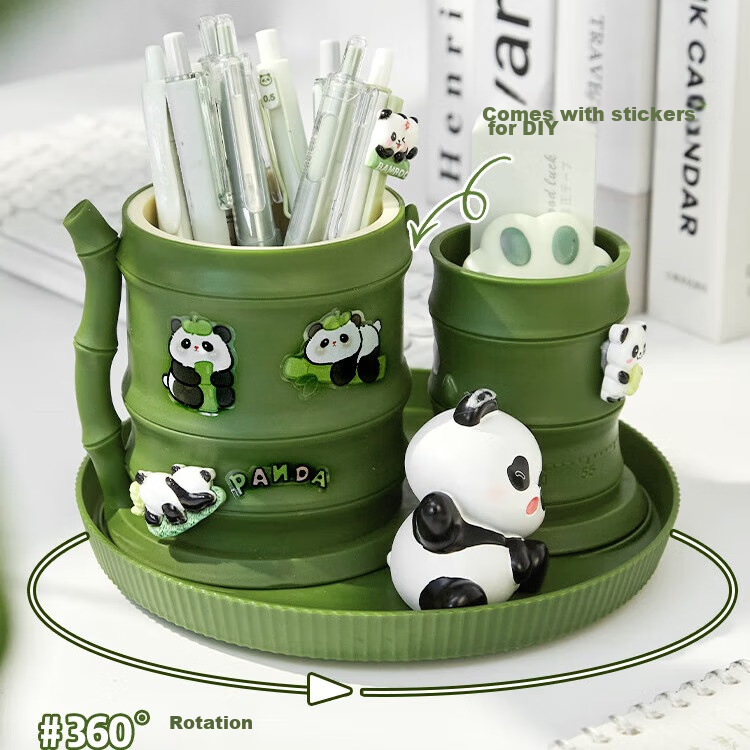 Shaonianban Pen Holder, Stylish Design, 360-Degree Rotation, Cute Panda Bamboo Decoration for Children, Boys, Students, Desktop, Creative, Timer Style