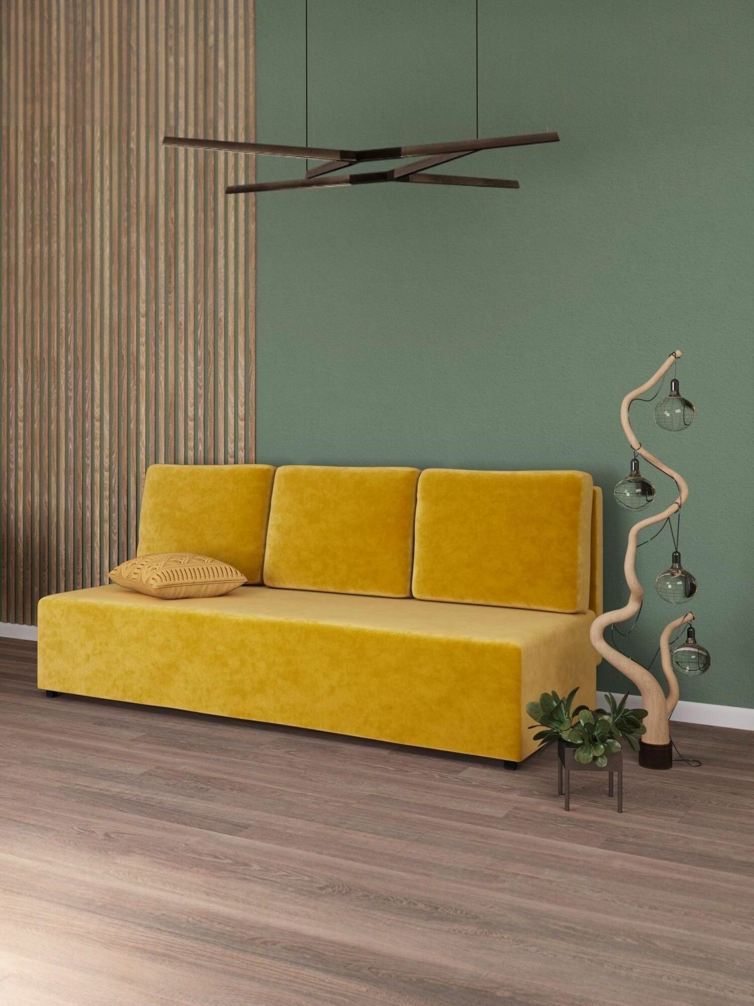 Прямой диван Manons Maison Каир, раскладной механизм Еврокнижка, Велюр желтый, 187х87х86 см