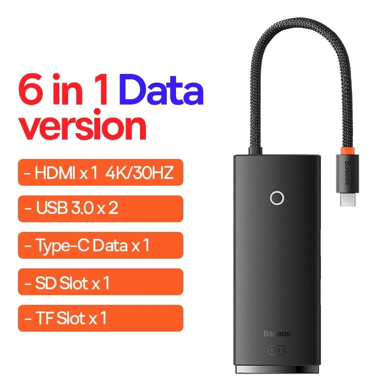 Baseus Lite Series 4-портовый USB-хаб 6in1 Data Black