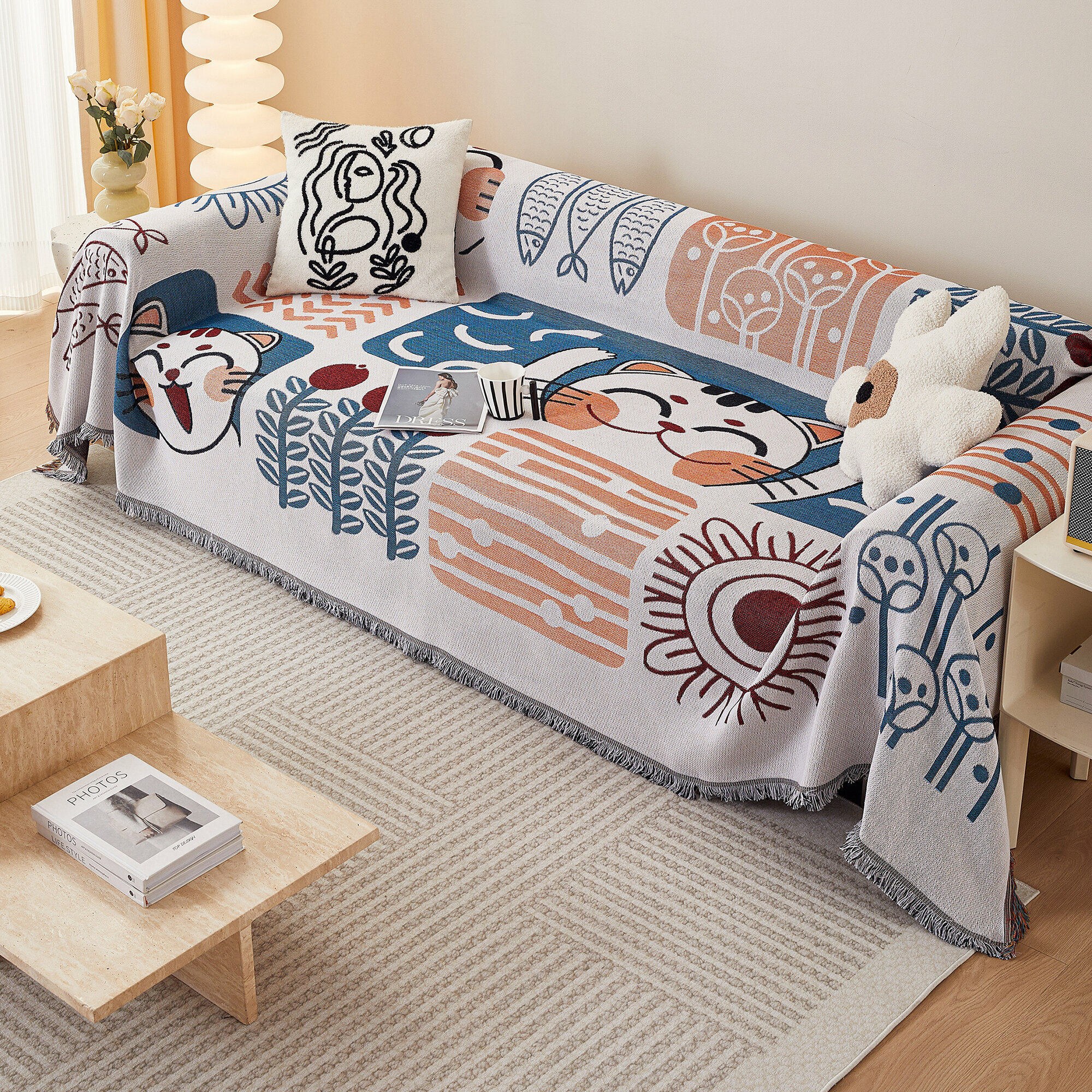 Покрывало на диван, плед для пикника, пляжное покрывало, плед хлопковый / полиэстер, современное покрывало для дивана в стиле INS с котята, размер 180X230