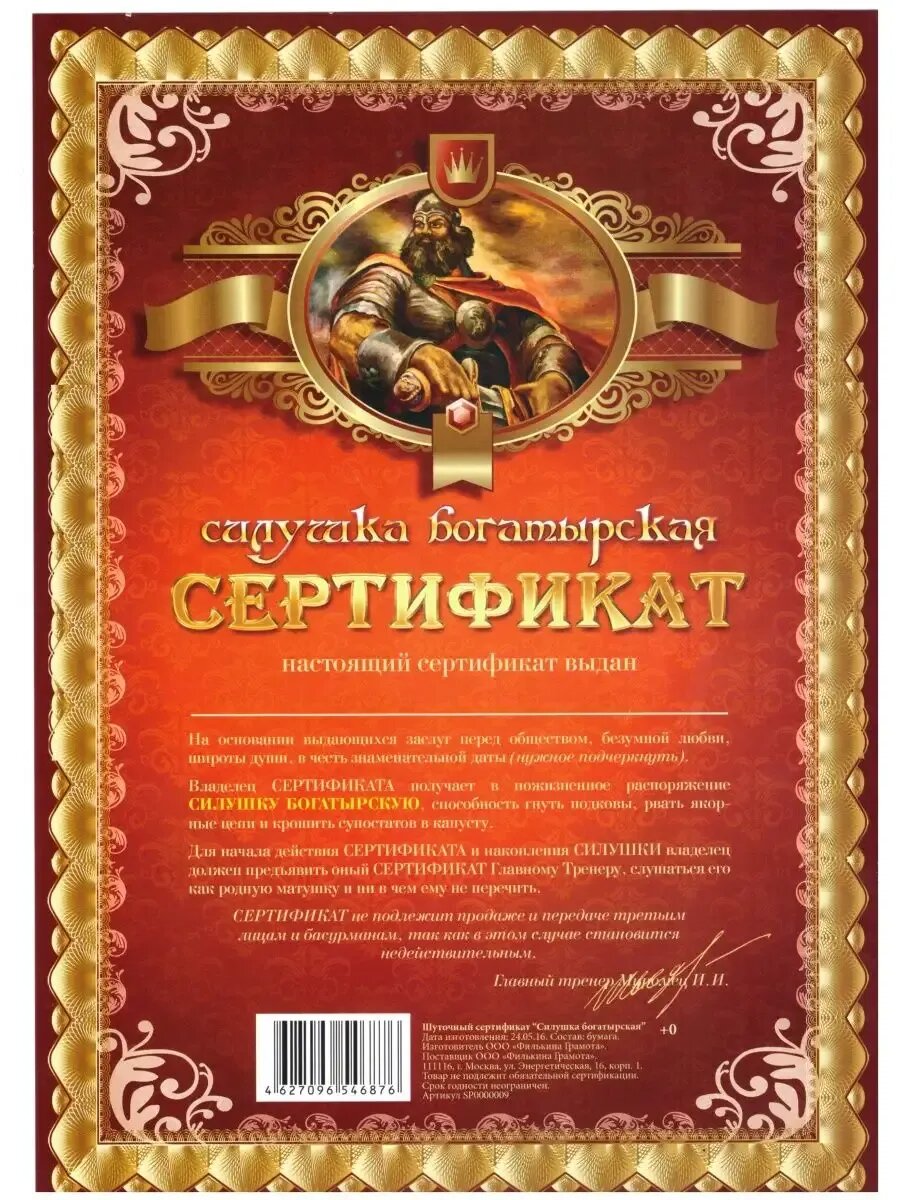 Сертификат открытка силушка богатырская А4