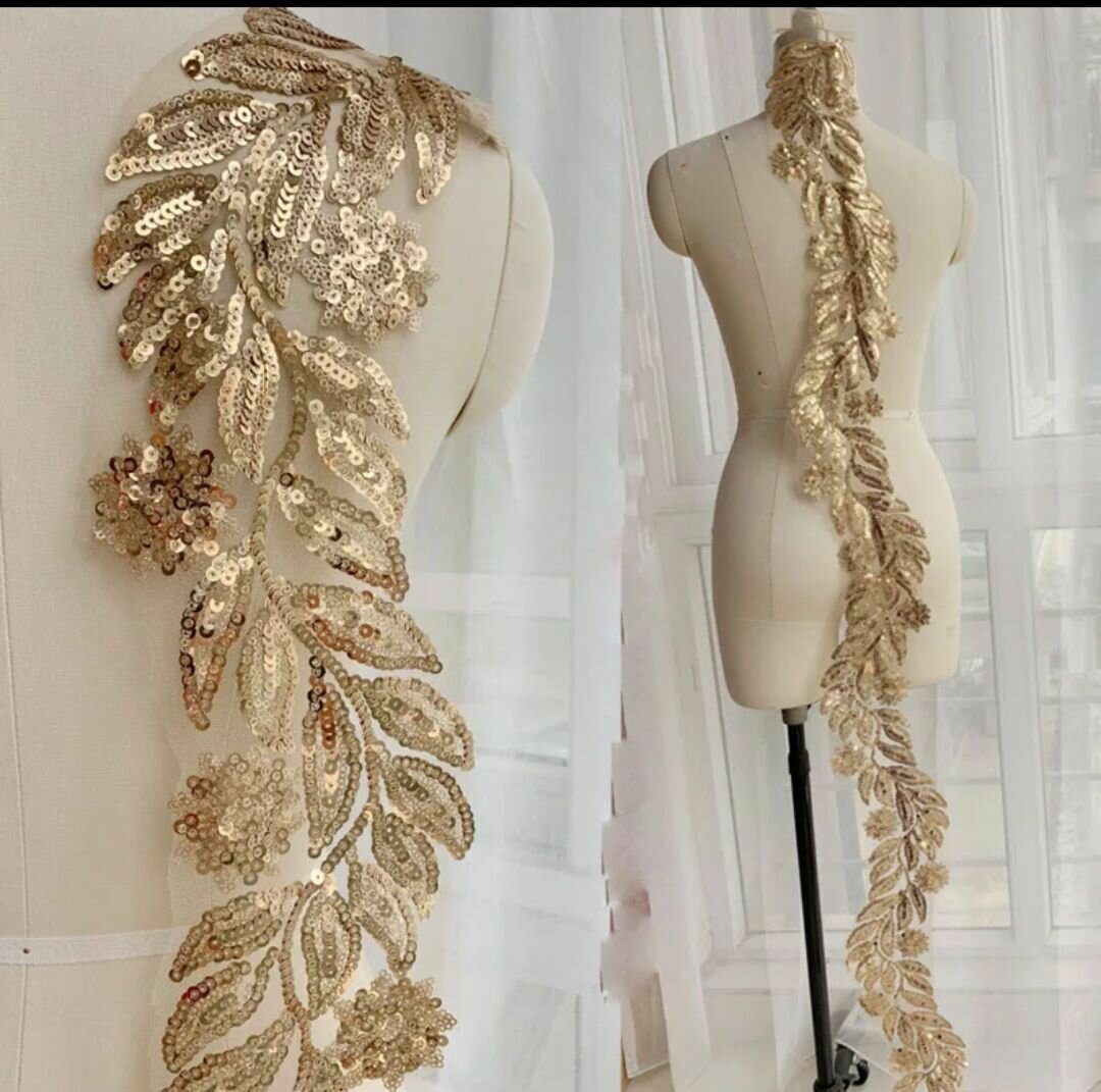 Декор для одежды пришивной золото пайетки на сетке 130*12 см