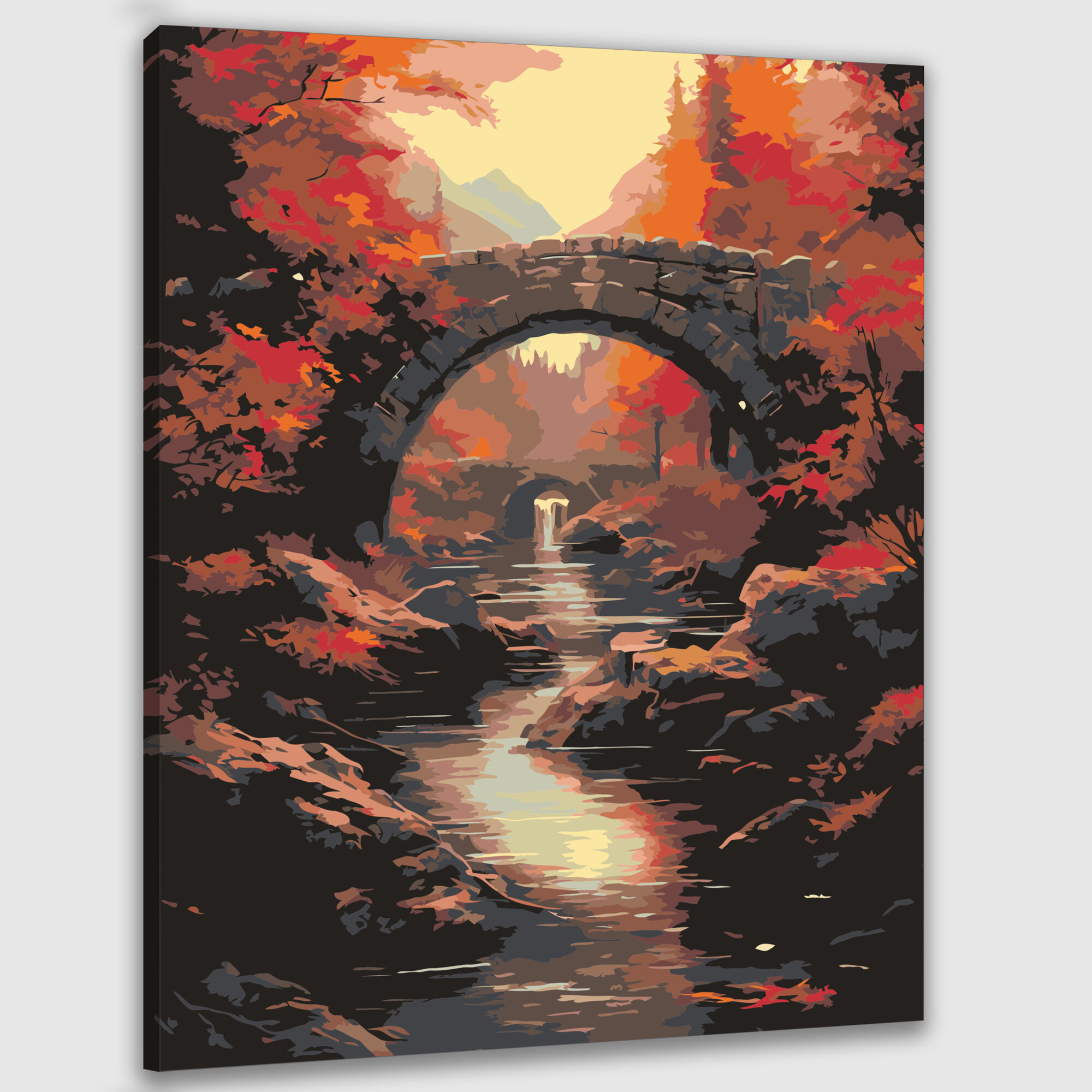 Картина по номерам 40x50 см, цифровое искусство, каменный мост, кристально чистая река, осенний пейзаж