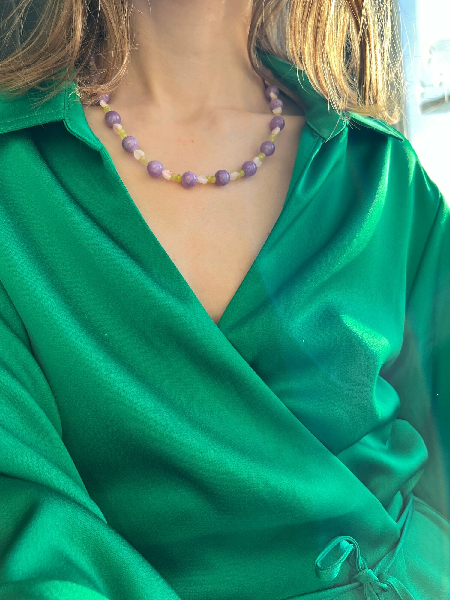 Колье Double choker please, халцедон, перламутр