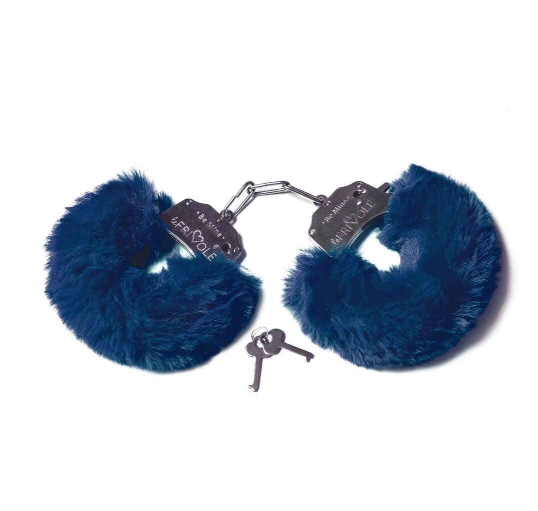 Наручники с пушистым мехом темно-синий, металлические, для ролевых игр