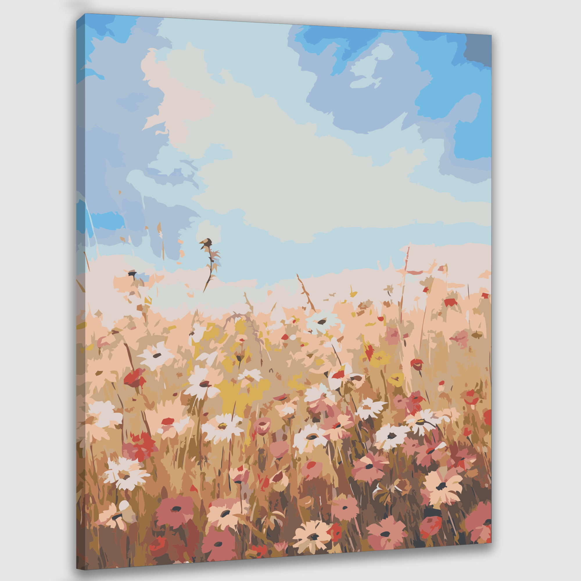 Картина по номерам 40x50 см, картина маслом, поле, цветущие полевые цветы, луг, голубое небо, пастельные тона, радость