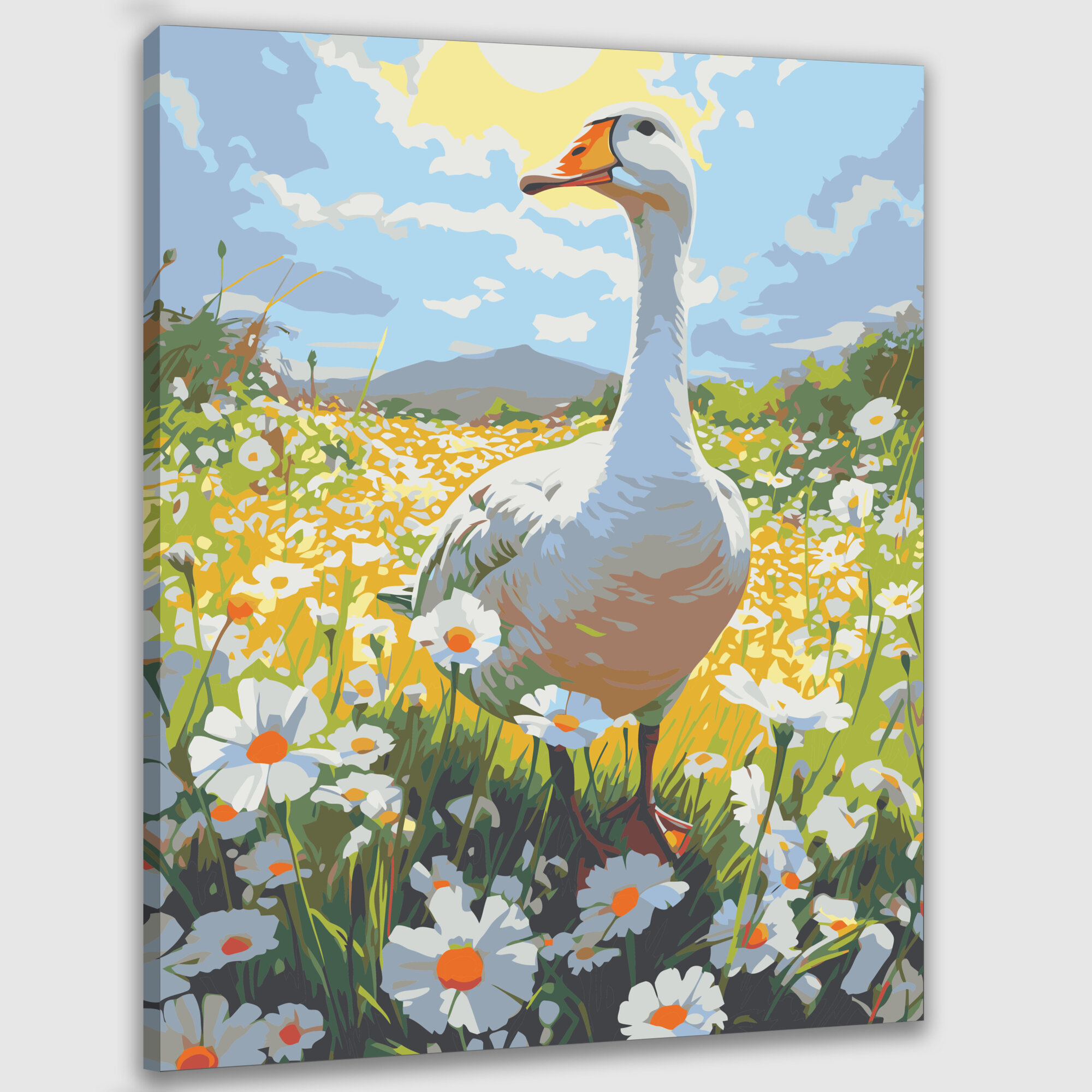 Картина по номерам 40x50 см, гусь, поле, маргаритки, перья, солнце, яркие цвета, замысловатый мазок, весна