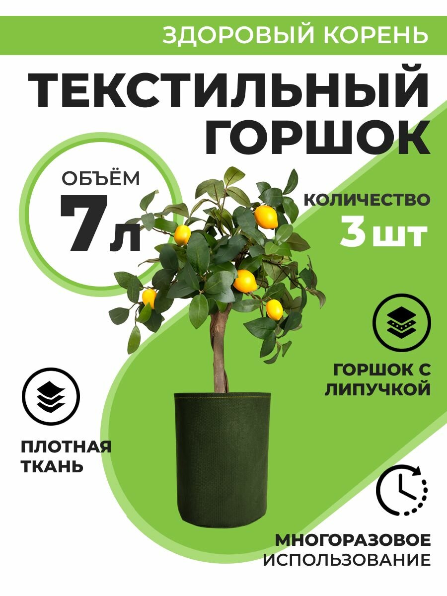 Текстильный горшок Здоровый корень 7 л с липой зеленый 3 шт