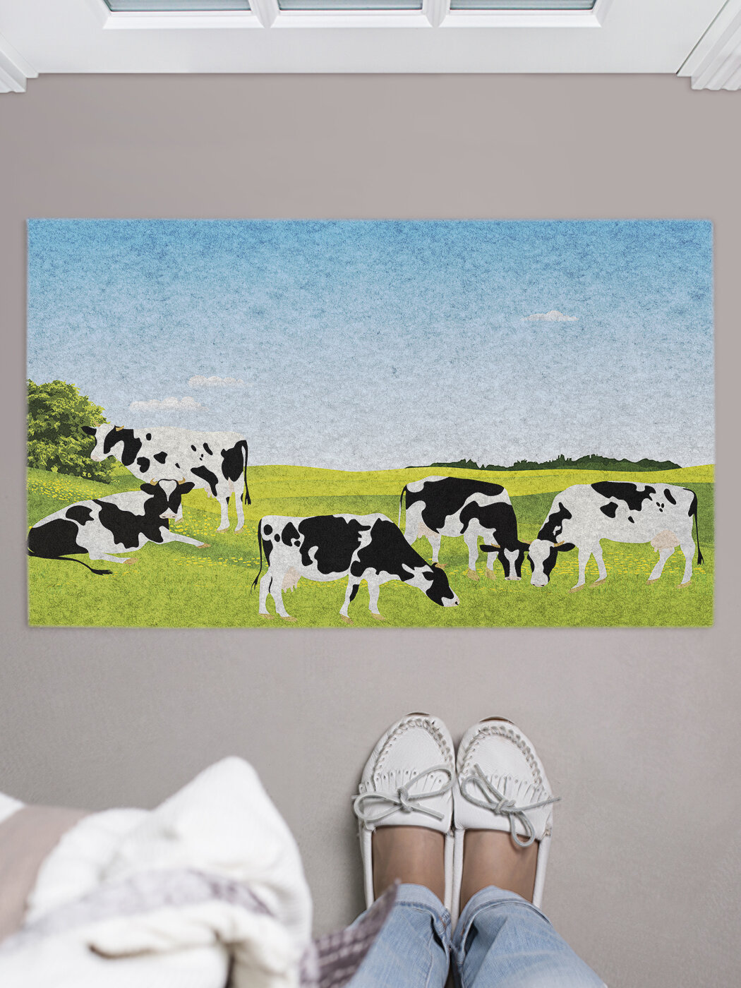 Коврик придверный в прихожую с принтом "Коровы на выпасе" 45 на 75 см , JoyArty