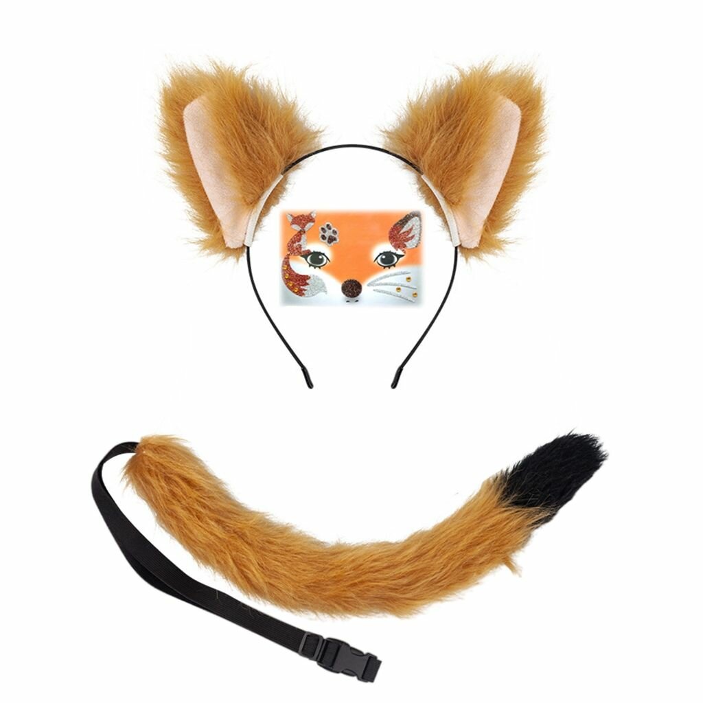 Костюм для косплея, Набор ушек лисы с обручем, аксессуарами и хвостом - уши желто-коричневой лисы, большой хвост, наклейка на лицо, 1 шт