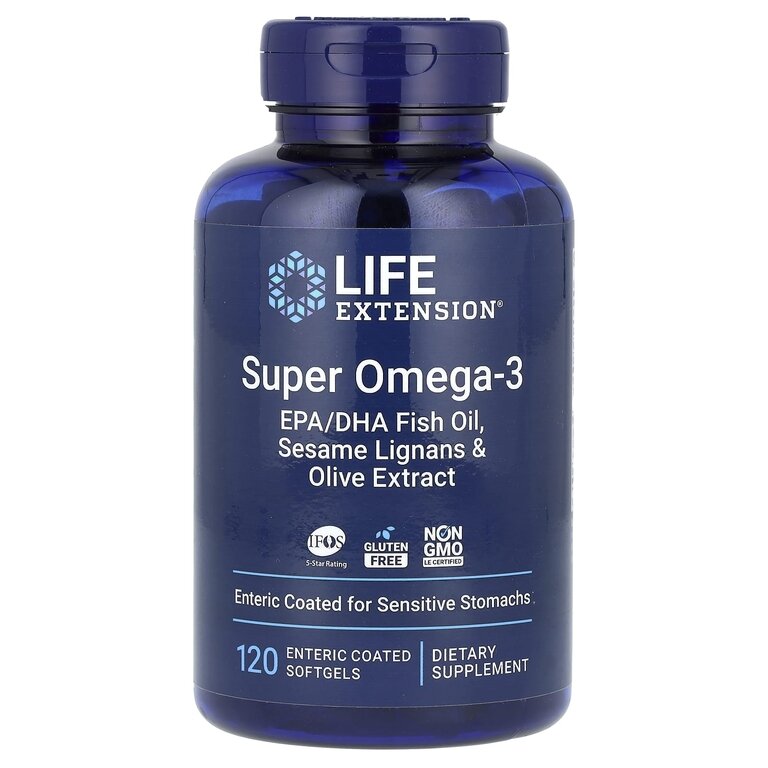 Life Extension, Super Omega-3, рыбий жир с ЭПК и ДГК, 120 капсул, покрытых кишечнорастворимой оболочкой