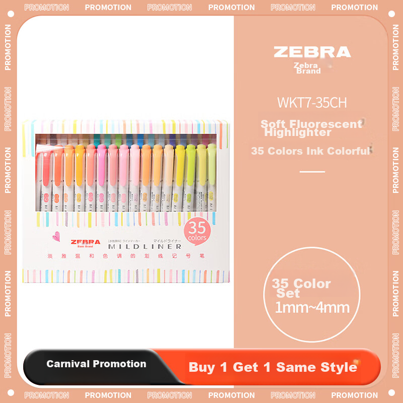 ZEBRA Double-Ended Soft Highlighter, Mildliner Series Single-Color Marking Pen, Student Marker, WKT7-35CH 35-Color Set (Buy One Get One Free)