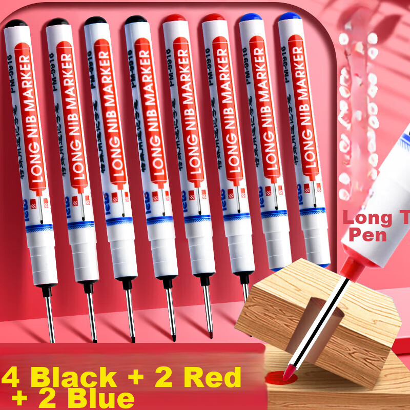 Licao Long-Tip Marker Pen, Oil-Based Woodworking Pen, Fine Tip, Quick-Drying, Waterproof, Oil-Resistant, Colorfast, Specially for Tiles, Deep Hole Marker Pen, 4 Black, 2 Red, 2 Blue, 8-Pack