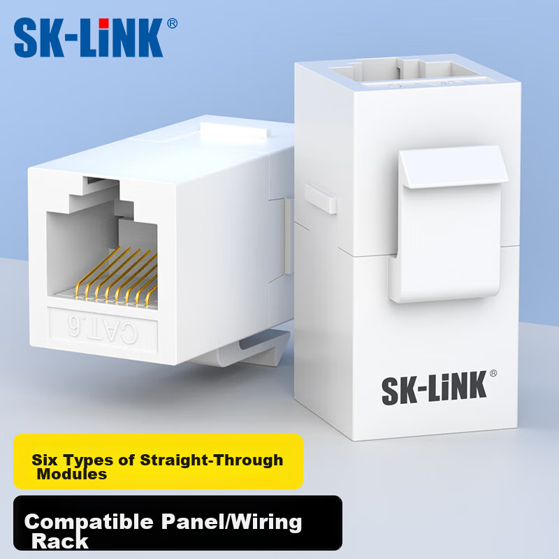 SK-LINK Category 6 Ethernet Cable Straight-Through Connector, Information Straight-Through Module, RJ45 Network Port Adapter, Crystal Head Cable Extension Connector, Double-Through Head, White, SK-RJDT6