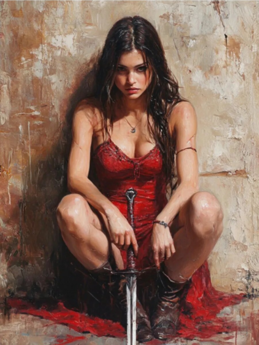 Картина по номерам девушка с мечом 40х50