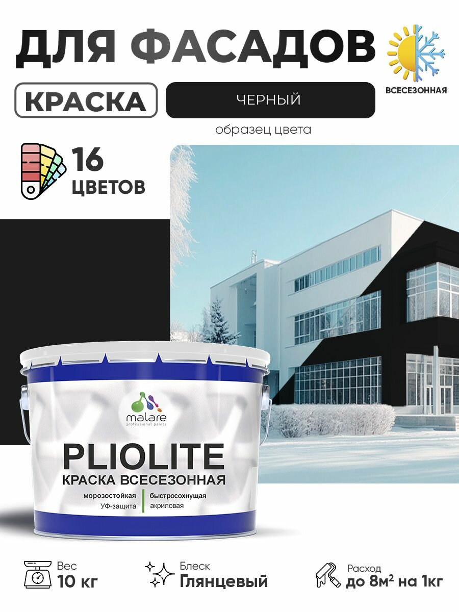 Краска-эмаль Pliolite всесезонная, зимняя, для всех типов поверхностей, антикоррозионная, RAL 9005, черный, глянцевая, 10 кг.