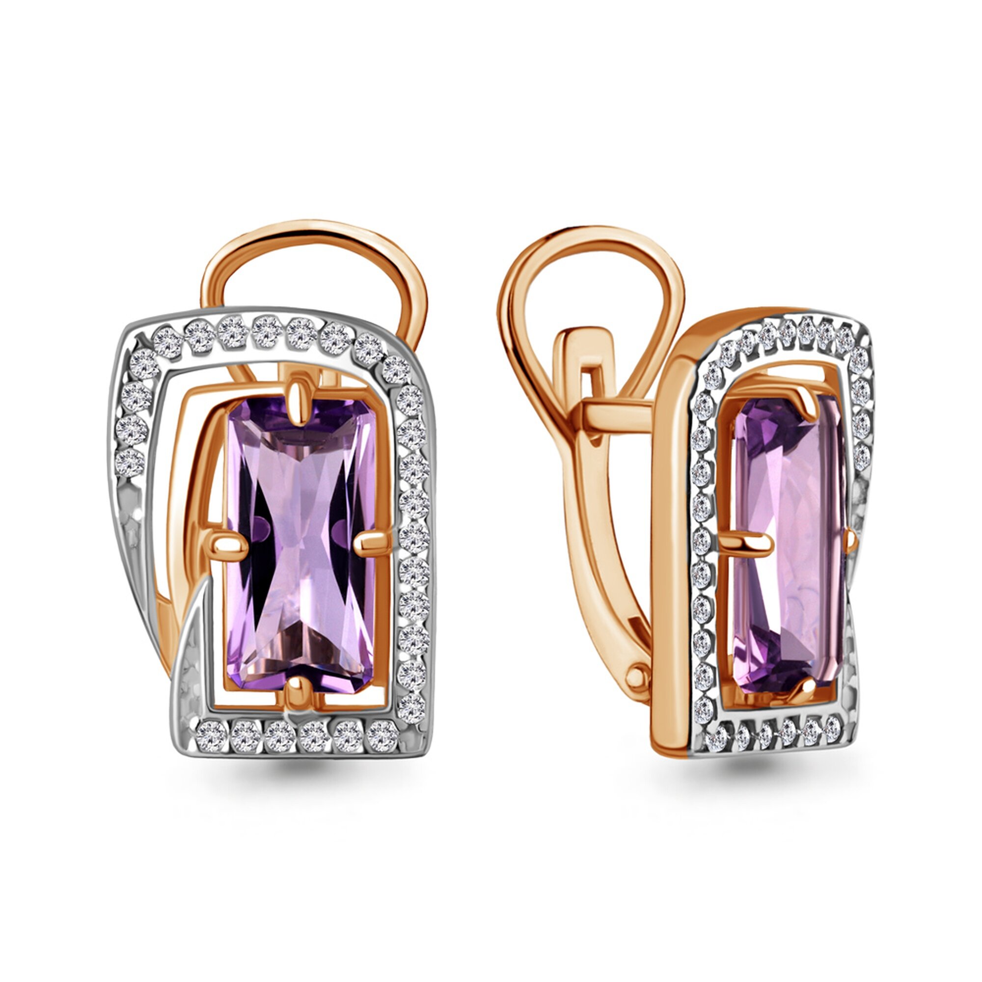 Серьги, серебро, 925 проба, золочение, фианит, аметист