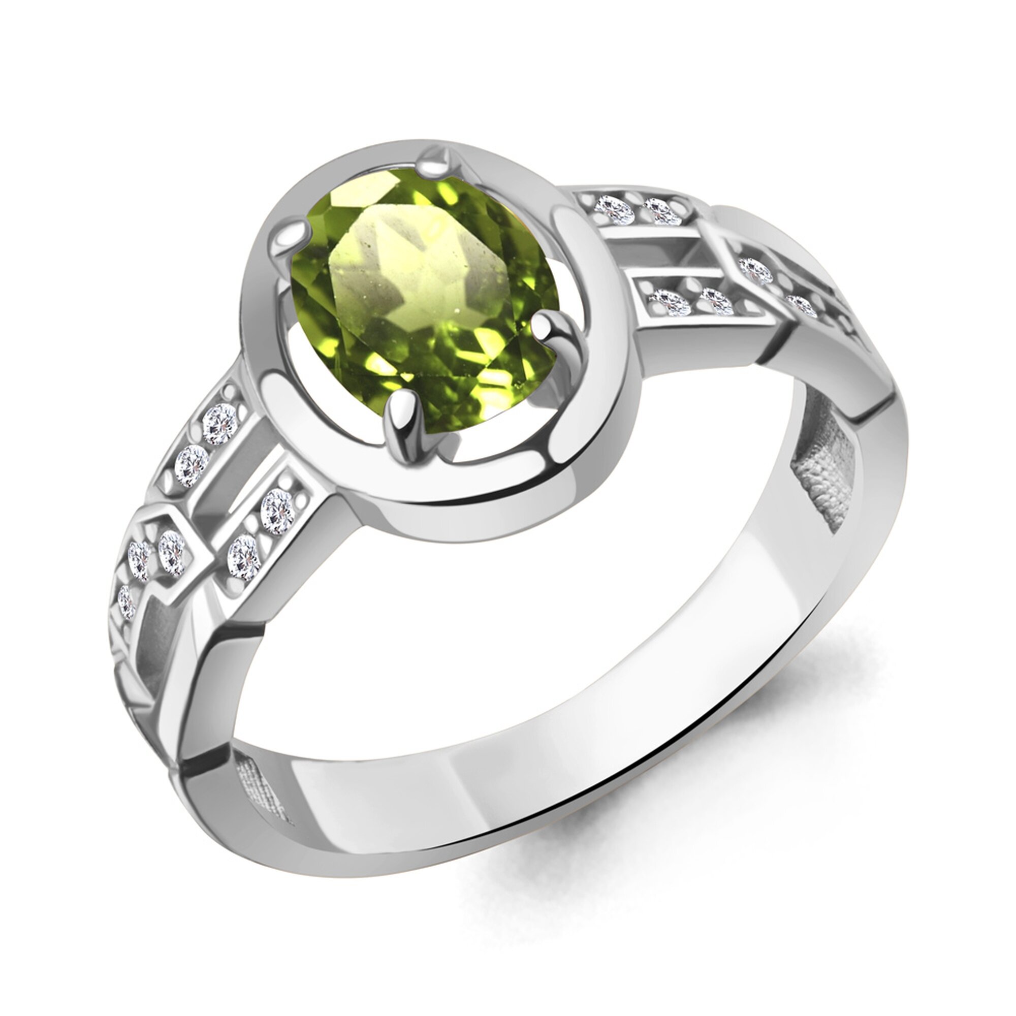 Кольцо, серебро, 925 проба, родирование, фианит, хризолит