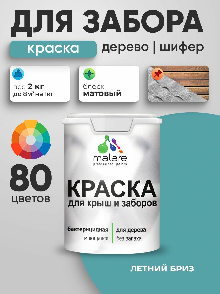 Акриловая краска Malare для деревянного забора/ по дереву для наружных и внутренних работ/ быстросохнущая моющаяся без запаха, матовая, летний бриз, 2 кг.