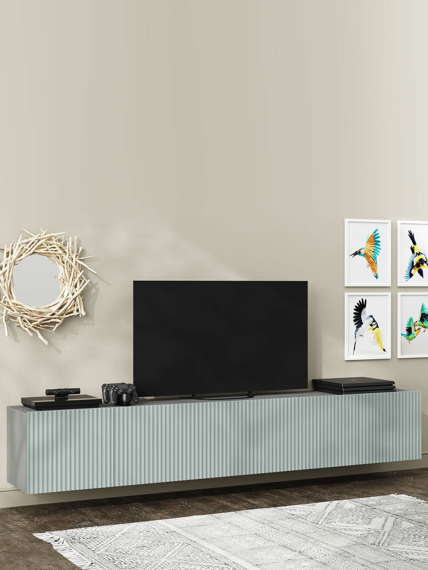 Тумба под телевизор подвесная Сканди ТВ с дверцами, 213х35х35.2 см, Серый шифер / Грин грей софт