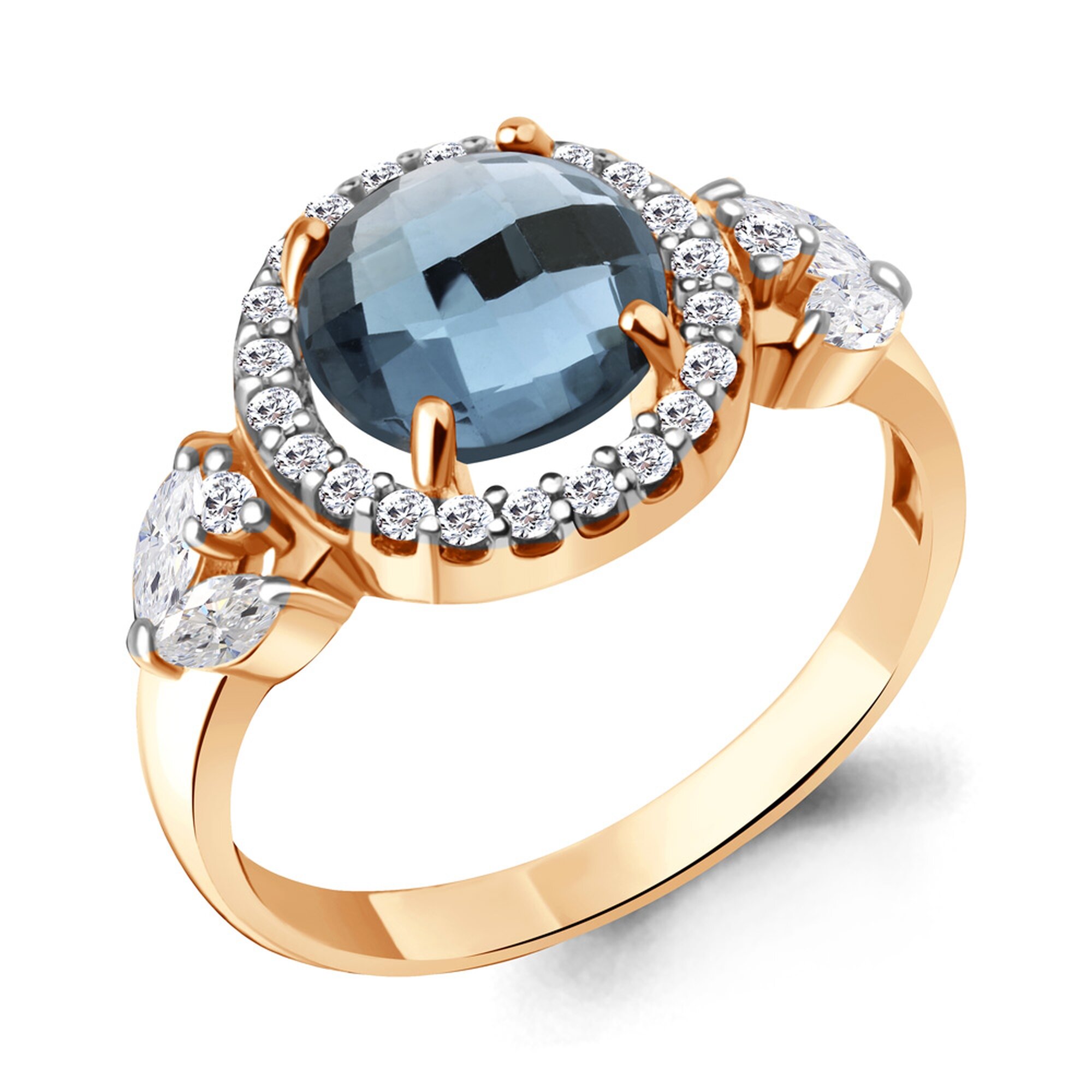 Кольцо, серебро, 925 проба, золочение, фианит, Лондон топаз