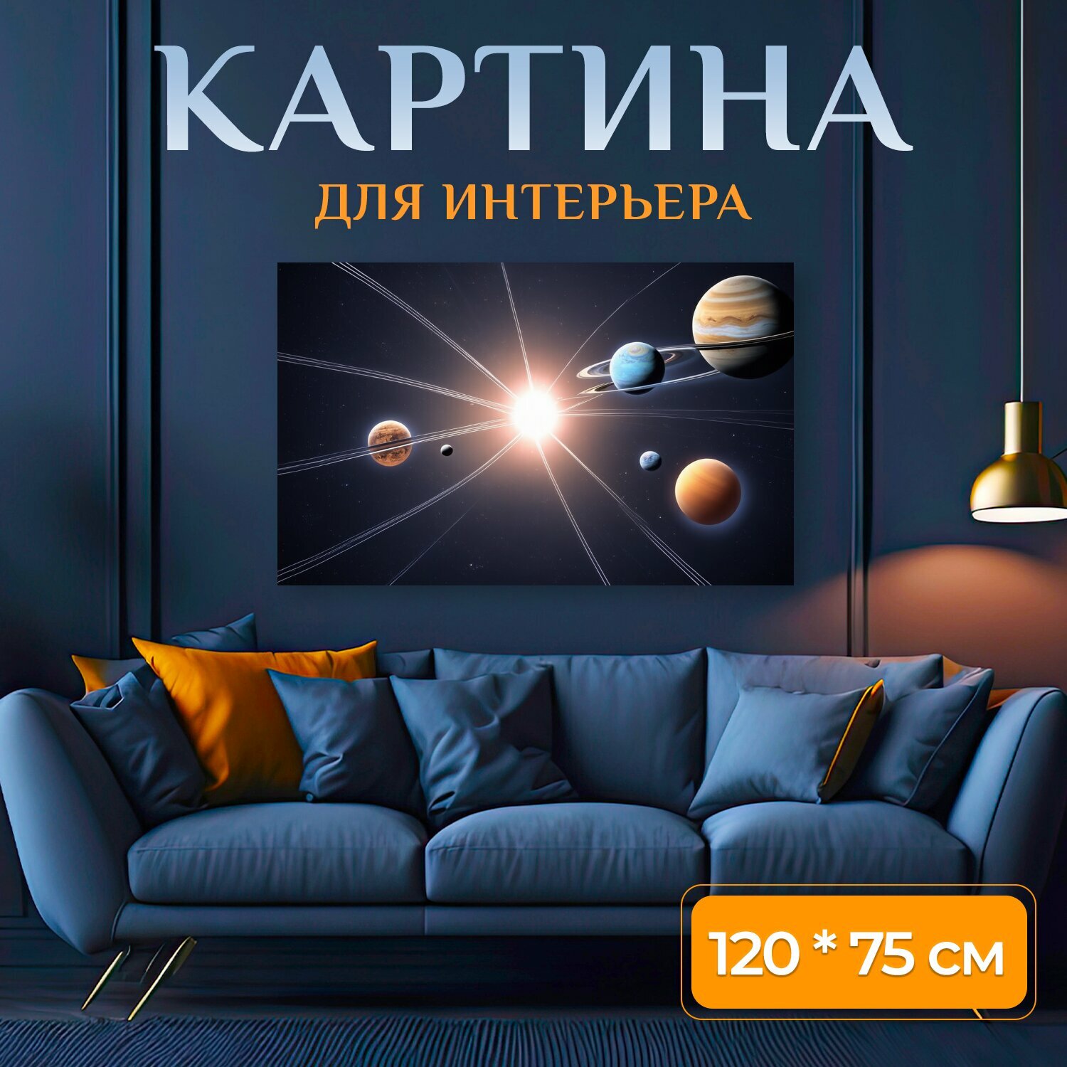 Картина на холсте "Космическая сцена с несколькими планетами, вращающимися вокруг яркой звезды. Планеты разного размера и цвета, некоторые с." на подрамнике 120х75 см. для интерьера