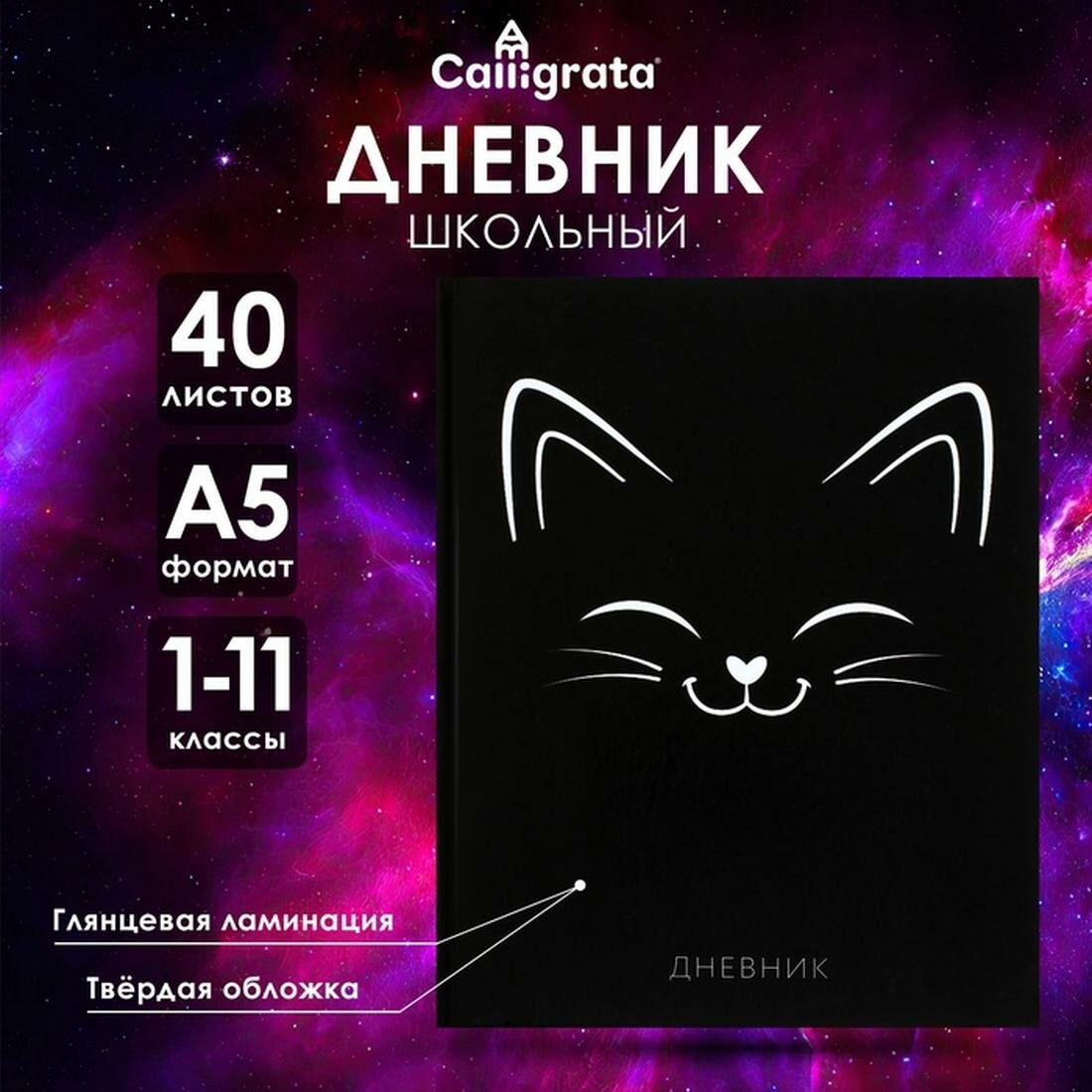 Дневник универсальный для 1-11 классов, "Киса силуэт", твердая обложка 7БЦ, глянцевая ламинация, 40 листов