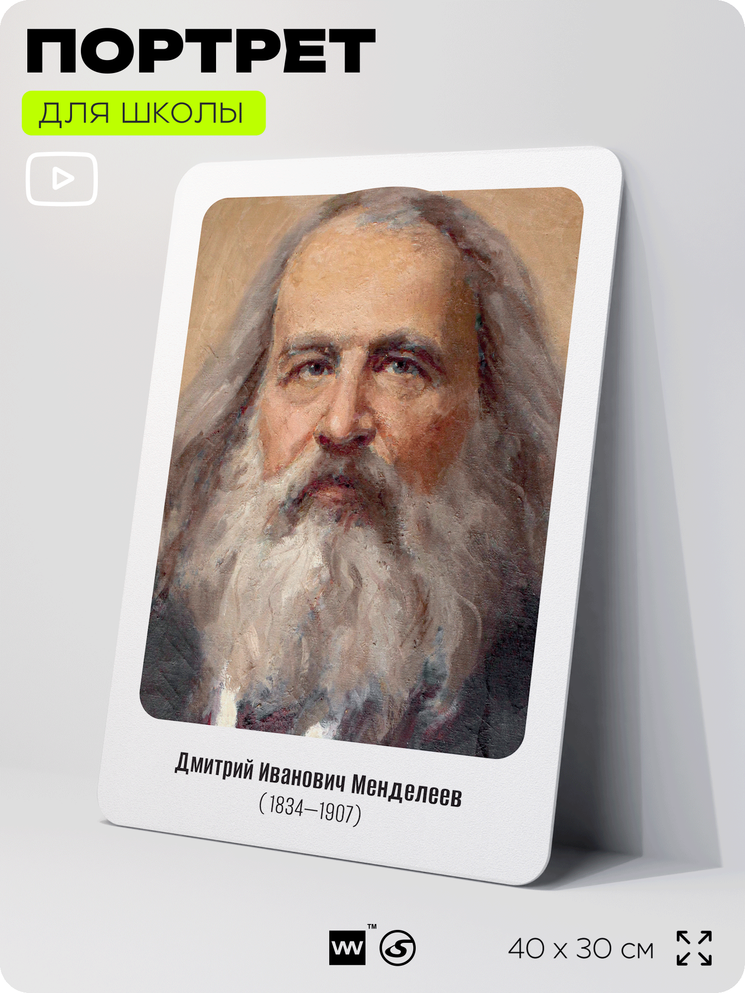 Портрет для школы в кабинет химии "Менделеев Дмитрий Иванович", стенд школьный для класса, деятели науки для оформления классного уголка, 40х30 см, Silver Plane x Айдентика Технолоджи