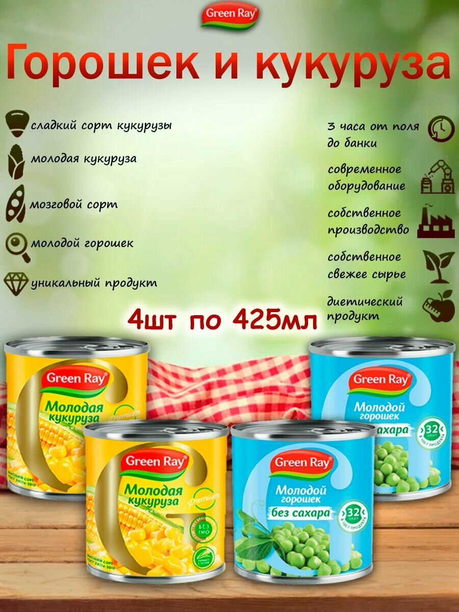 Кукуруза сладкая, горошек молодой без сахара, Green Ray, 2+2шт по 425мл