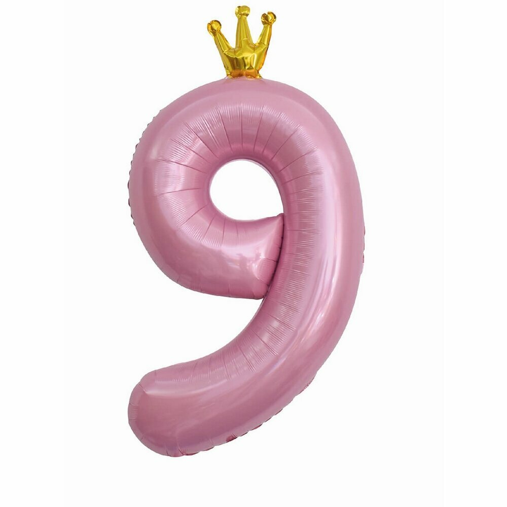 Фольгированный шар цифра девять - 9 розовая с короной, 102 см (40 дюймов) в упаковке без гелия