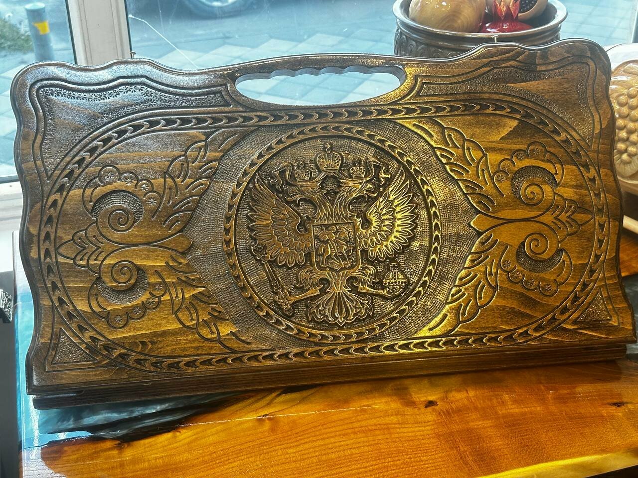 Резные нарды Handle Brand "Герб России", ручная работа, дерево, складная, с резьбой, 60х60 см