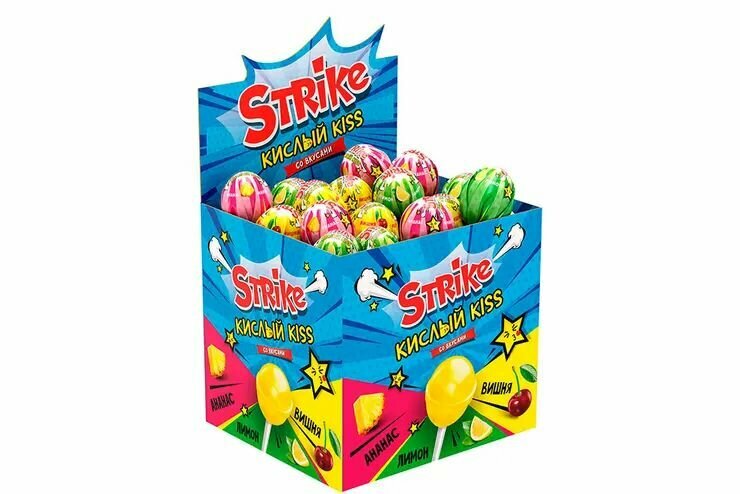 Strike , карамель на палочке Кислый kiss , 11,3 г (упаковка 50 шт) Трио фруктово-ягодных вкусов: спелая вишня, терпко-кислый лимон и тропический ананас.