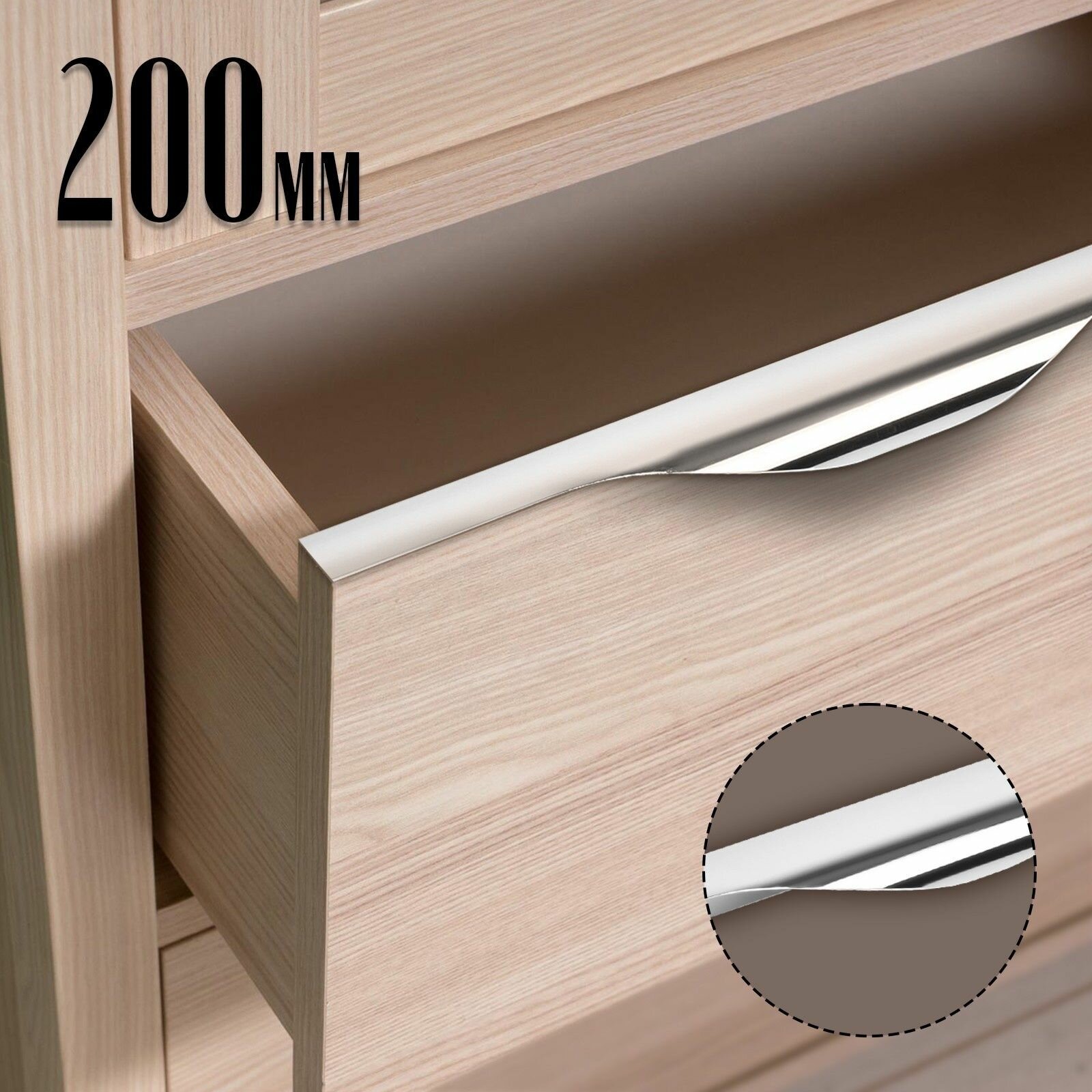 Мебельные ручки профильные торцевая, L 200 мм, цвет хром, комплект 4 шт