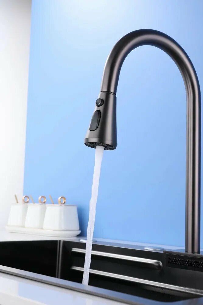 Tansi смеситель для многофункциональной кухонной мойки с водопадом Графитовый