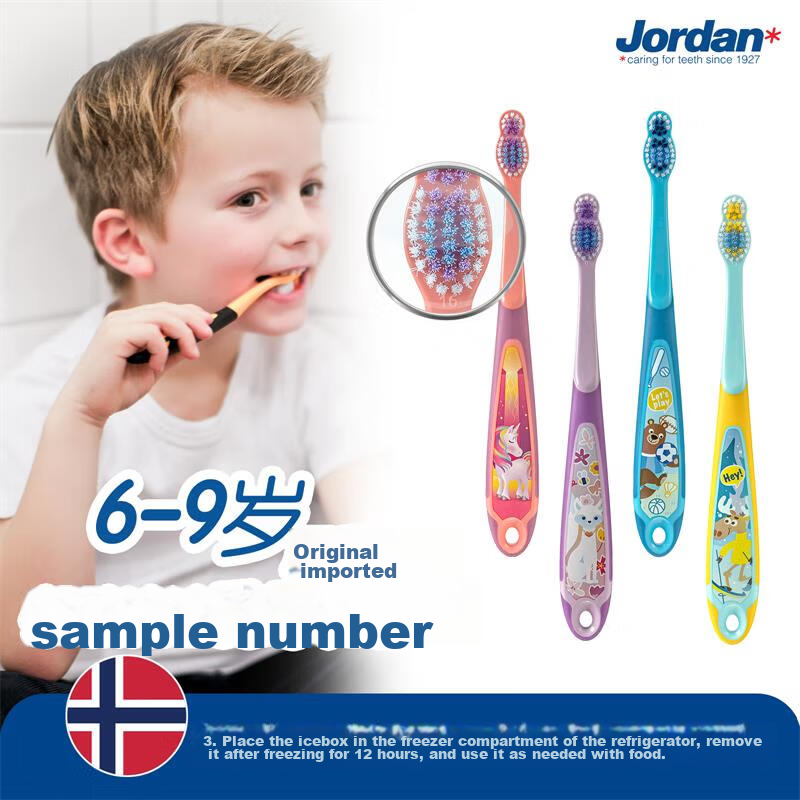 Jordan Imported Children's Toothbrush, Fine Soft Bristles, Baby Toothbrush, for Ages 6-9 (Single Pack, Three Stages), Random Color