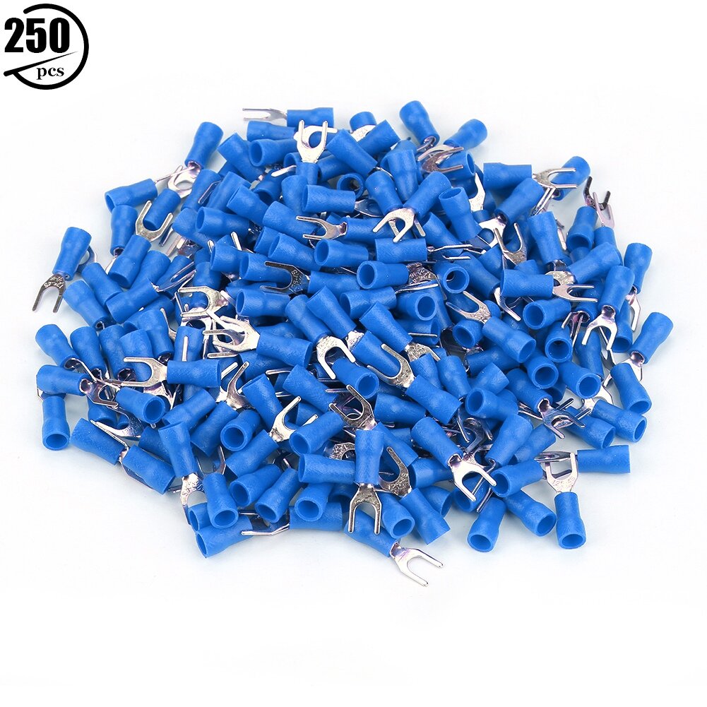 Набор из 250 изолированных электрических клемм для проводов, обжимные вилочные соединители (синие).