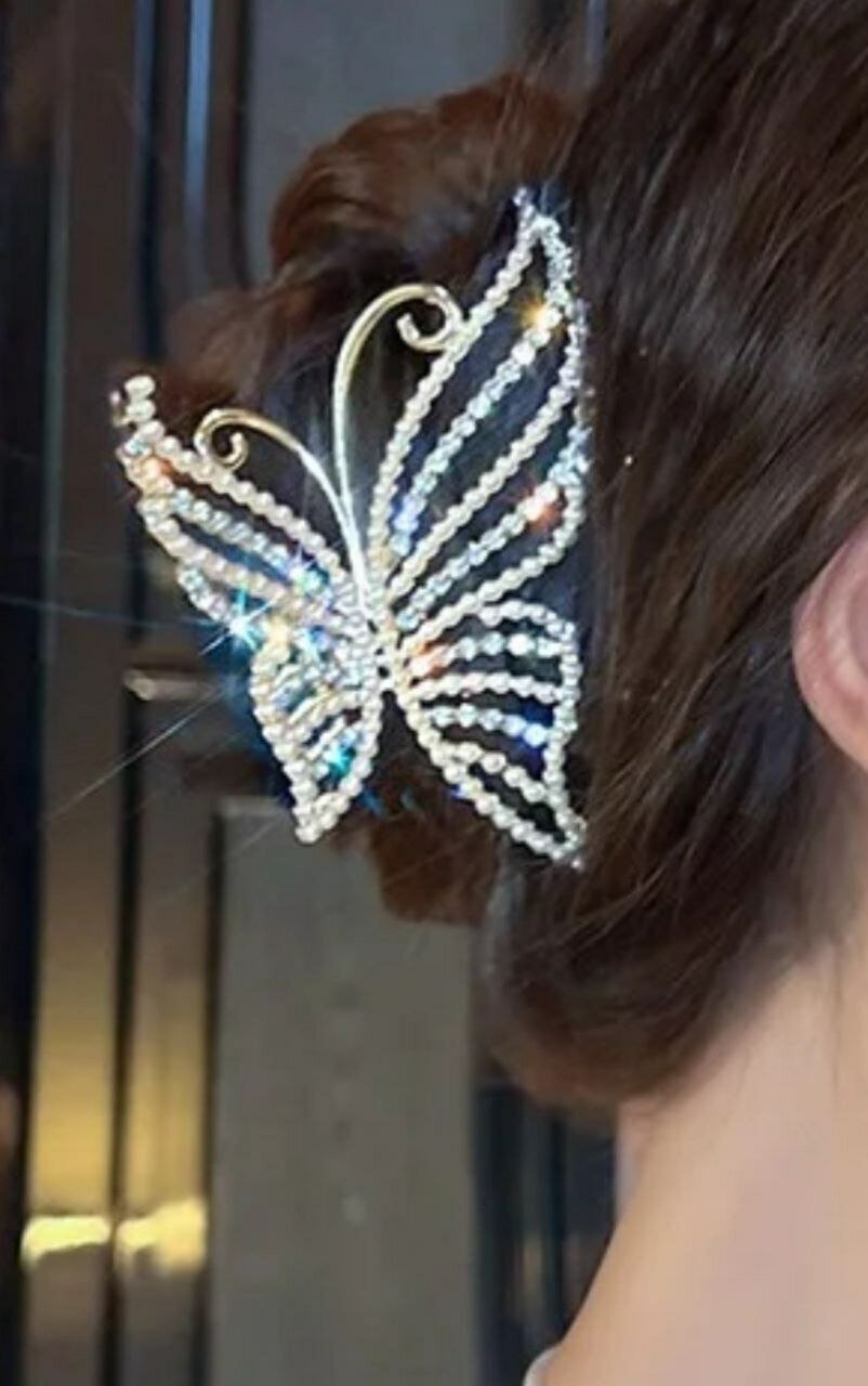 Заколка-краб большая "бабочка" инкрустированная россыпью страз. 11,5см. Цвет золото