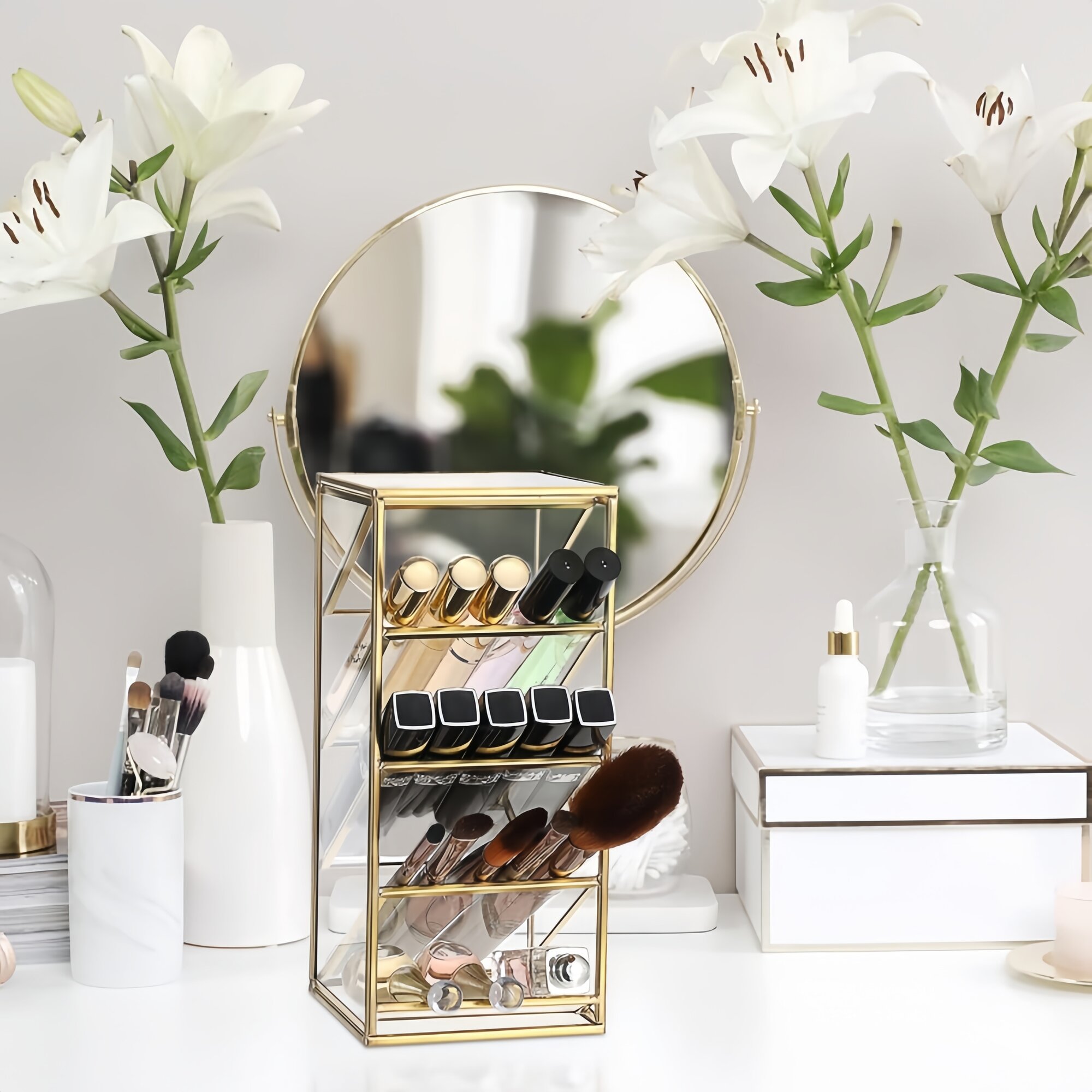 Стеллаж для хранения духов из прозрачного стекла с 4 отделениями, золотой
