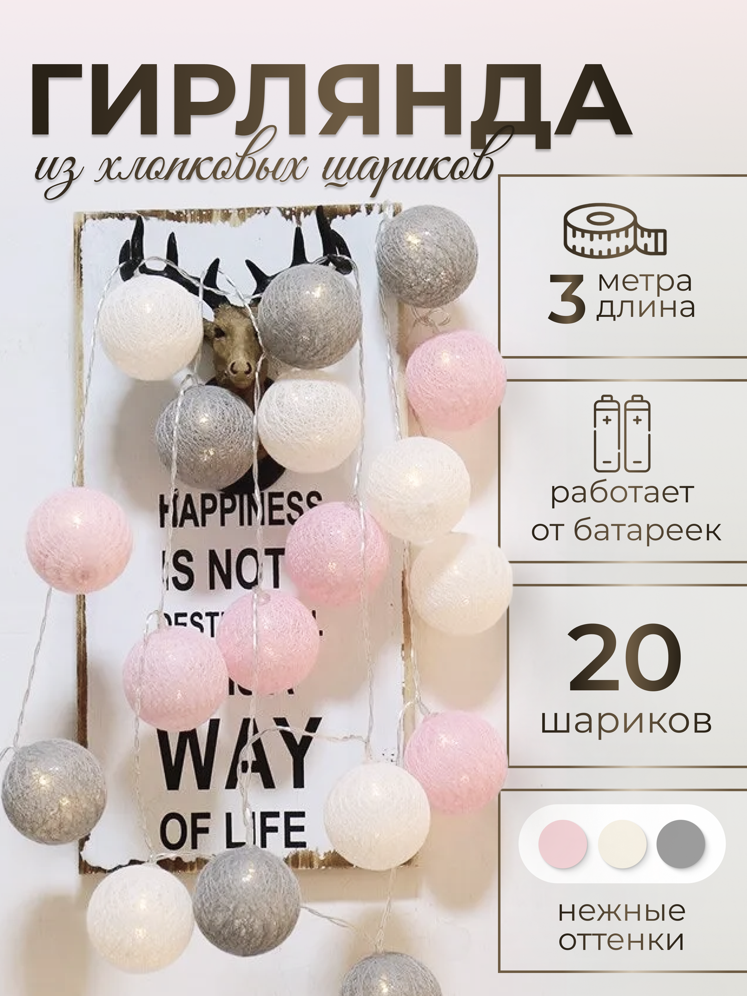 Гирлянда новогодняя интерьерная шарики из хлопковых нитей 20 ламп