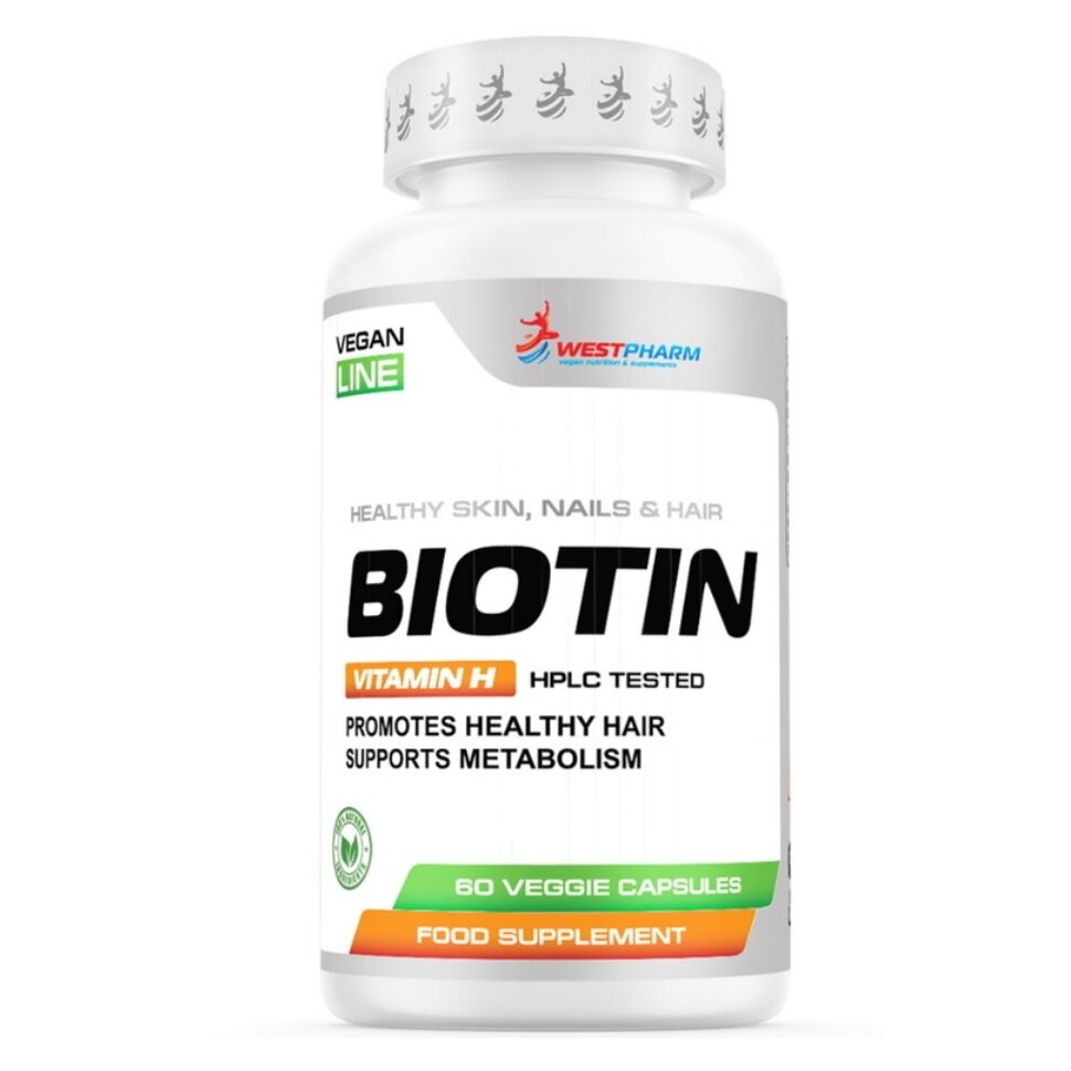 Способствует поддержанию здорового состояния волос и ногтей Vegan Line Biotin 5000 мг 60 капс (WestPharm)
