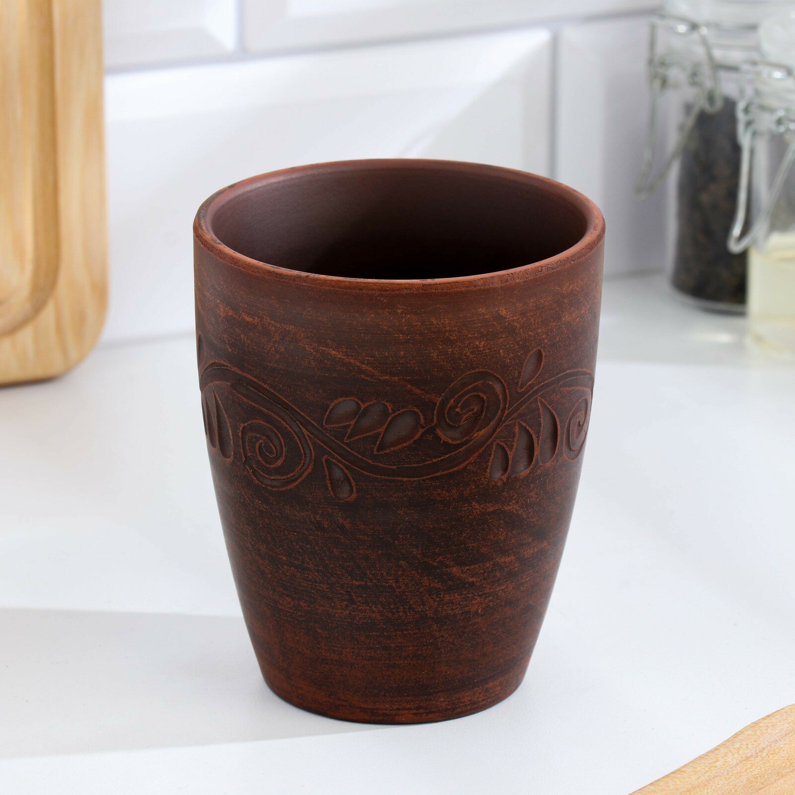 Стакан из красной глины «Вьюнок» 300 мл, 11х9х9 см, цвет коричневый