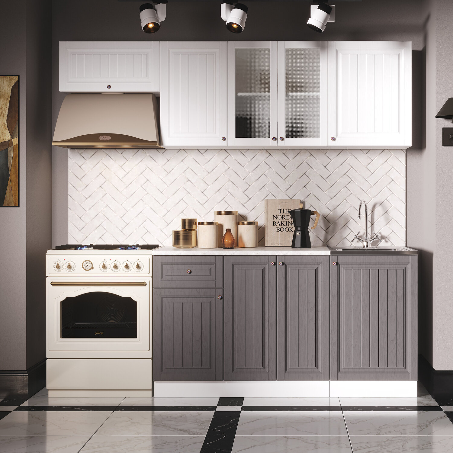 Кухонный гарнитур, готовый комплект Хозяюшка 2.1 метра Акация белая/Трюфель.