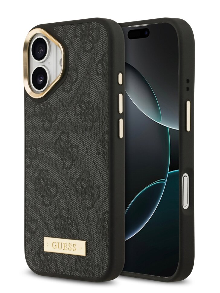 Guess чехол с MagSafe для iPhone 17, PU кожа с принтом 4G, Plate metal logo and Gold camera, черный