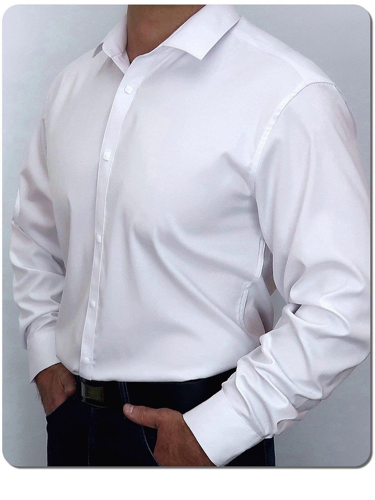 Рубашка Мужская рубашка с длинным рукавом приталенная, светлая сорочка на кнопках, рубаха на любой сезон, белая мелкая клетка, без карманов, на любой сезон и на лето рубашка Slim fit с приталенным кроем зауже