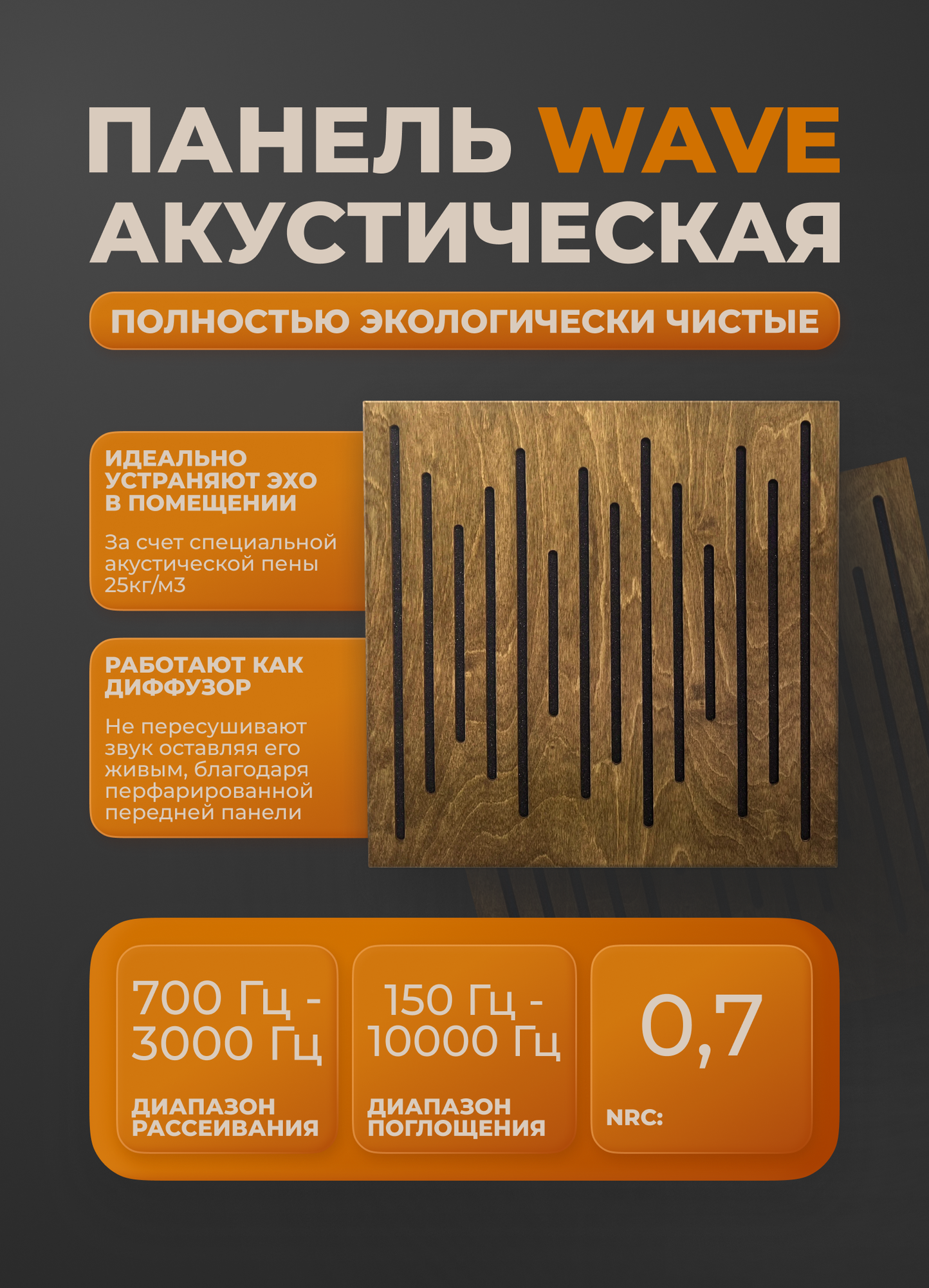 Акустическая панель Wave размеры 500х500х50мм, цвет орех