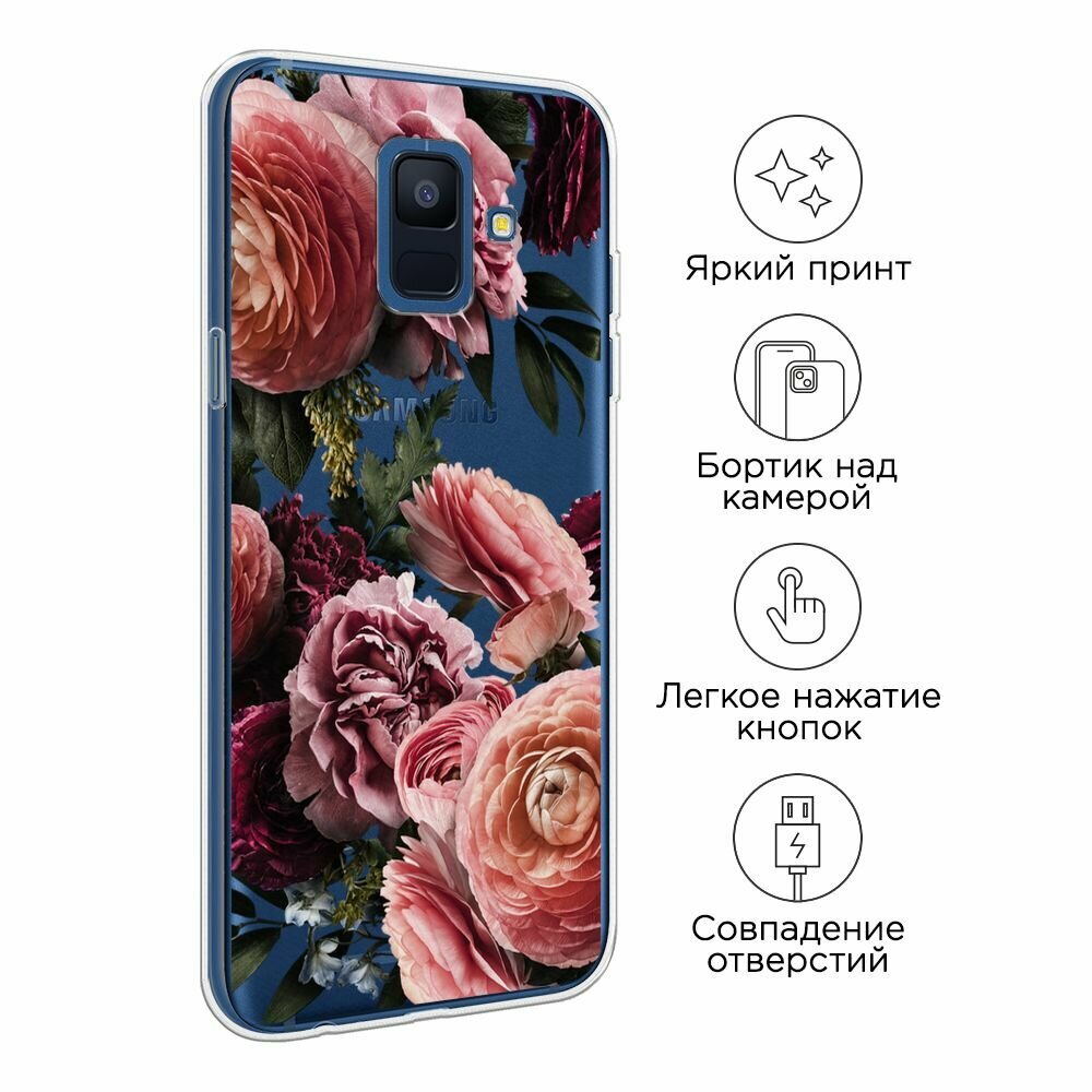 Чехол на Samsung Galaxy A6 / Самсунг Галакси А6 с принтом "Бордовые винтажные цветы", прозрачный — фото 1