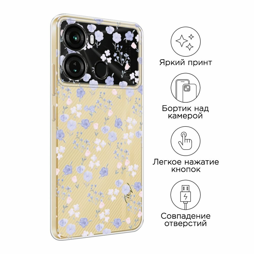 Чехол на Itel P40 / Ител P40 с принтом "Сиреневые розы паттерн", прозрачный — фото 1