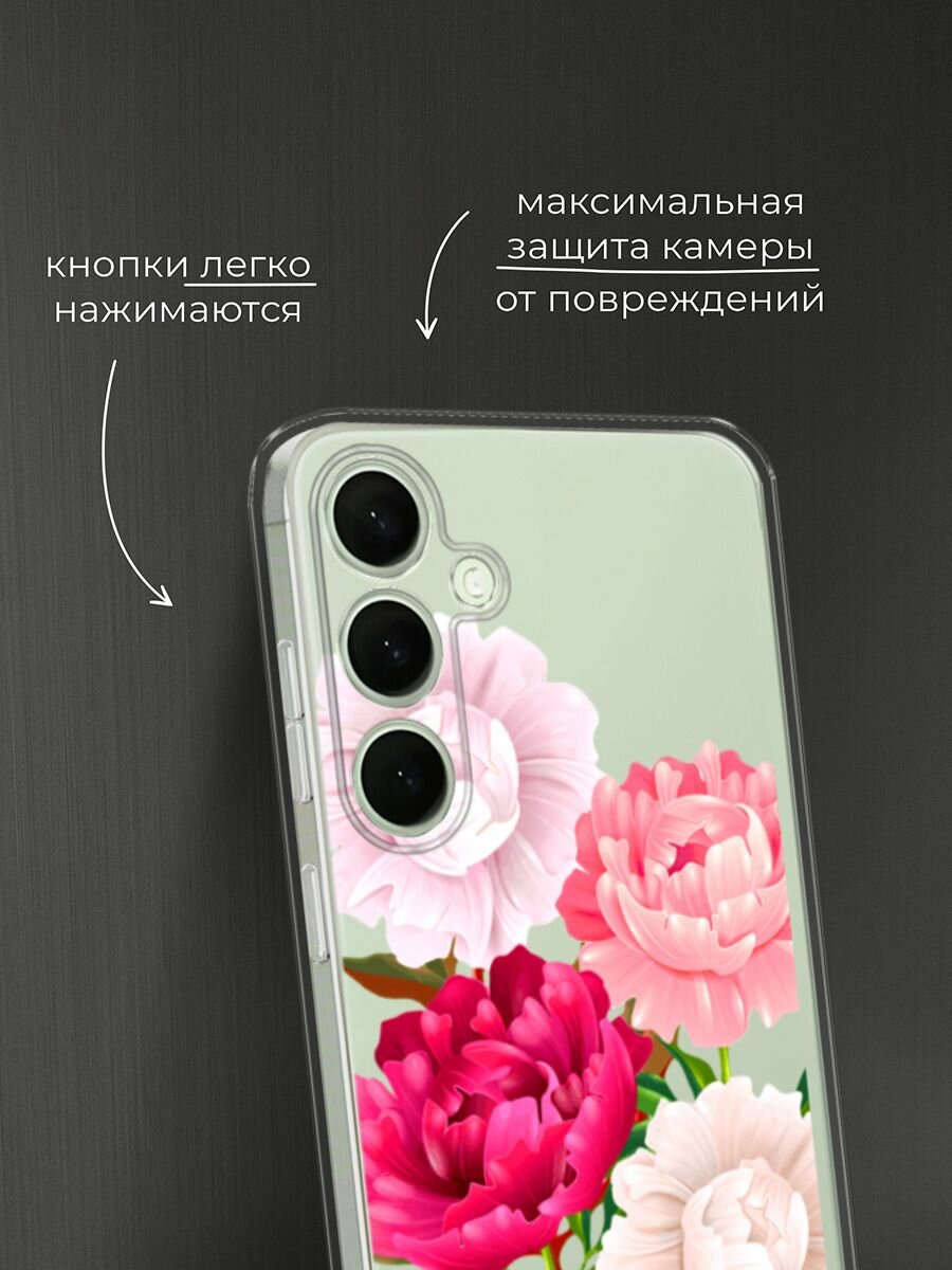 Чехол на Samsung Galaxy S25 Plus / Самсунг S25 Плюс с принтом "Большие пионы", прозрачный — фото 1