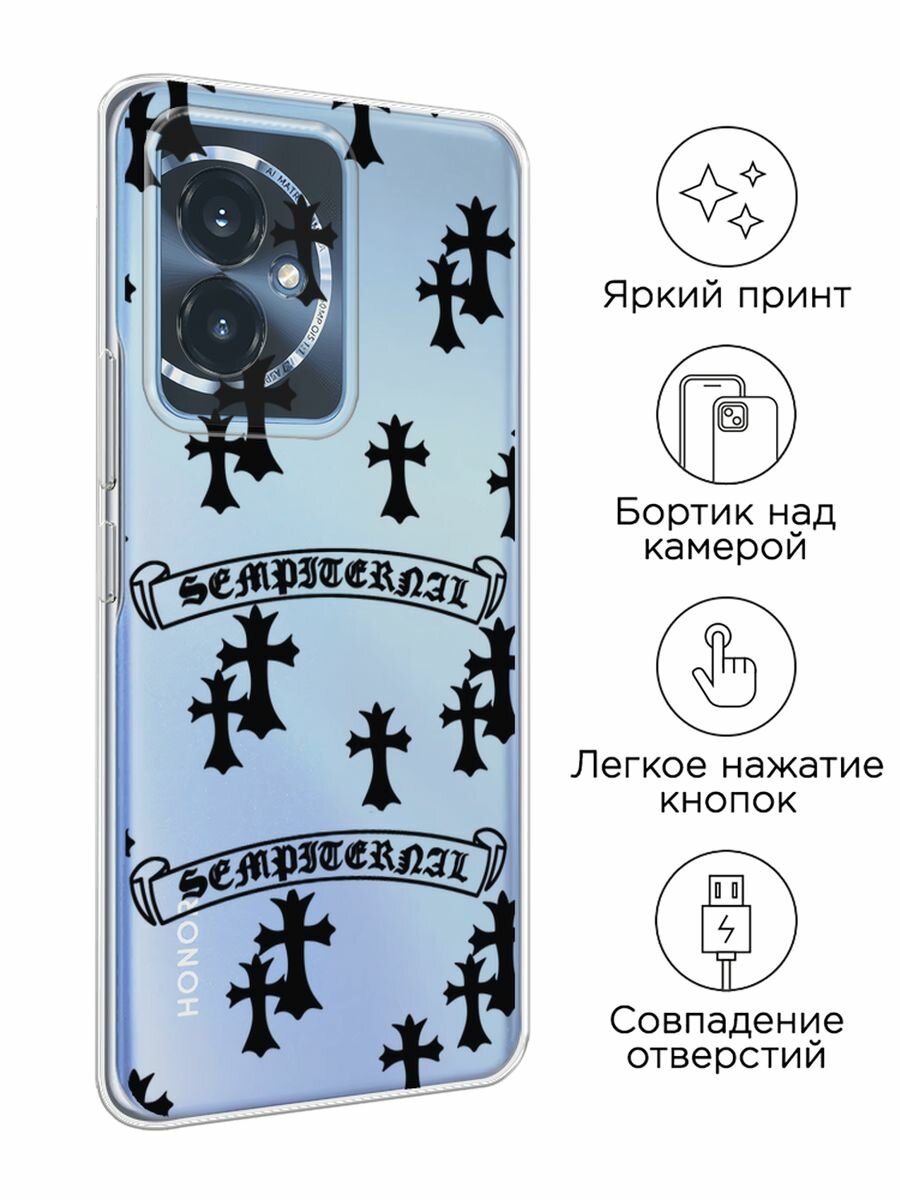 Чехол на Honor 100 / Хонор 100 с принтом "Кресты паттерн чёрный", прозрачный — фото 1